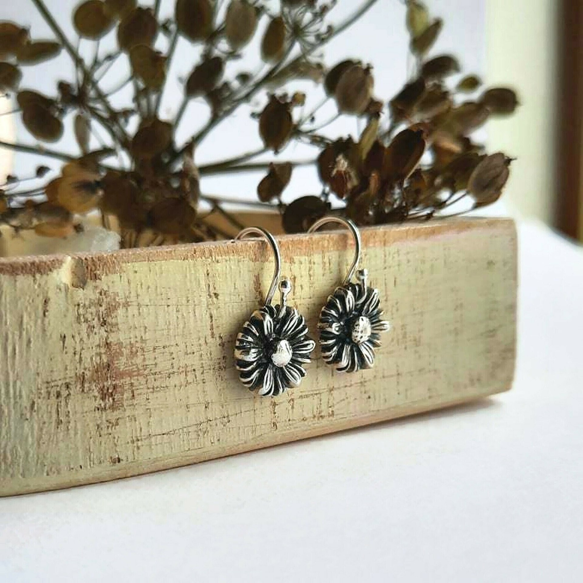 Oxidised Fine Silver Daisy Drop Earrings April Birth Flower 11mm